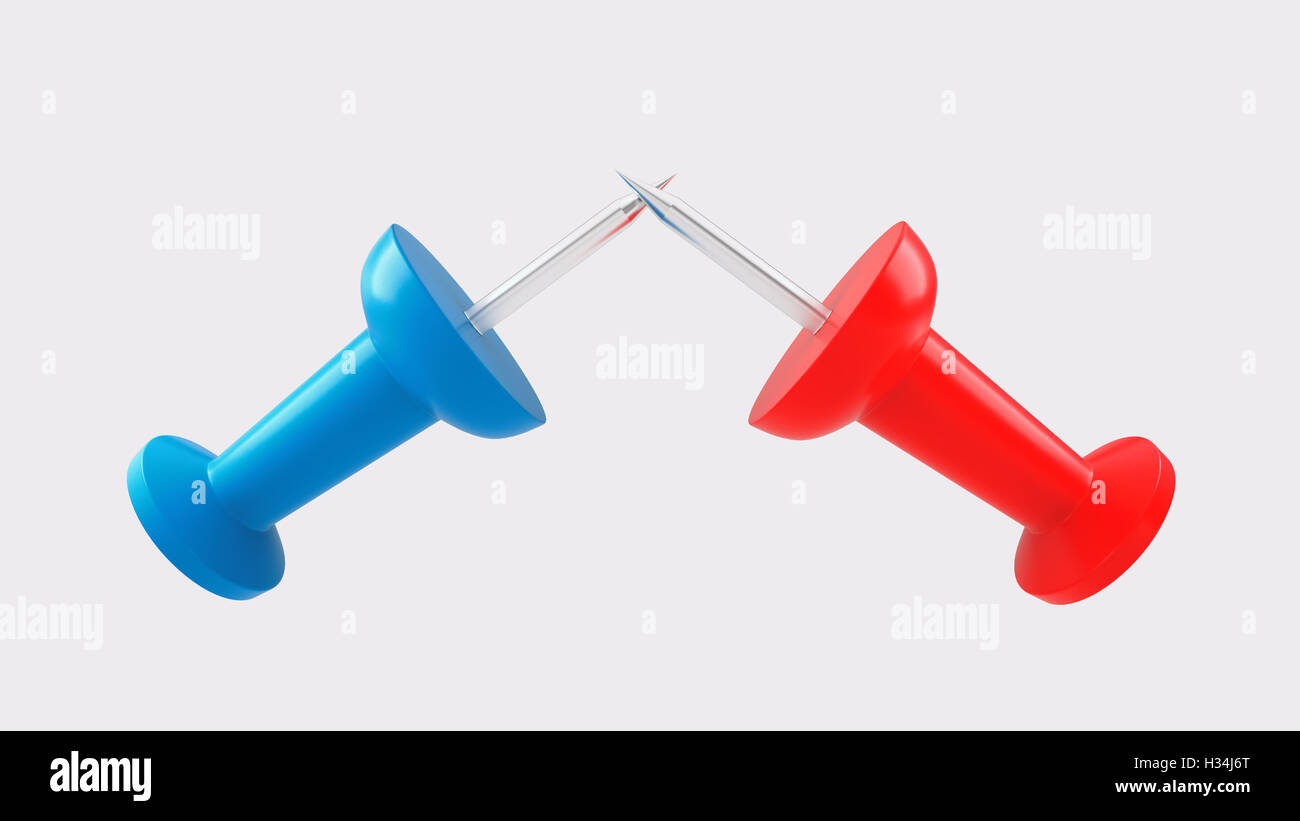A pair of dueling thumbtacks, one red, and one blue Stock Photo - Alamy
