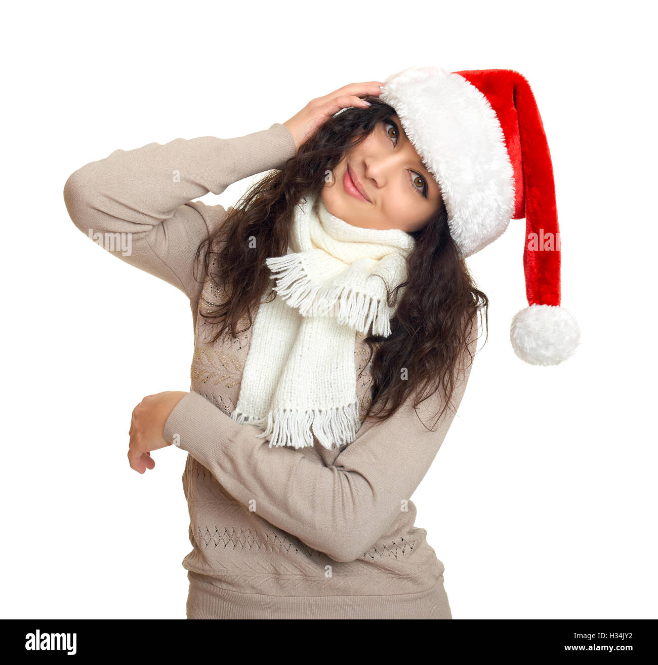 girl in santa hat portrait, posing on white background, christmas ...