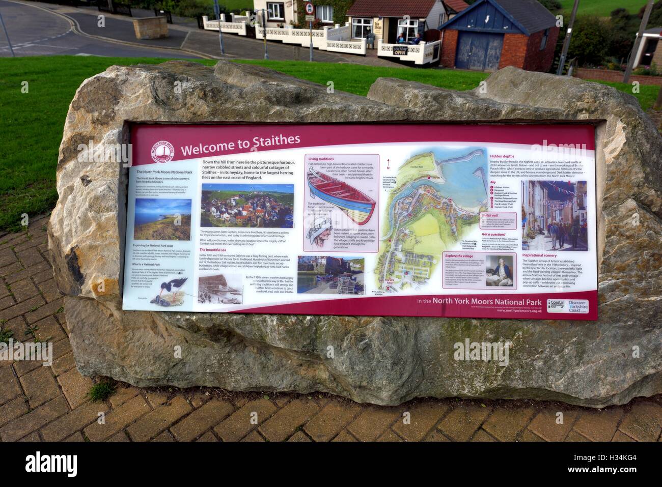Tourist information sign in Staithes North Yorkshire England UK Stock ...