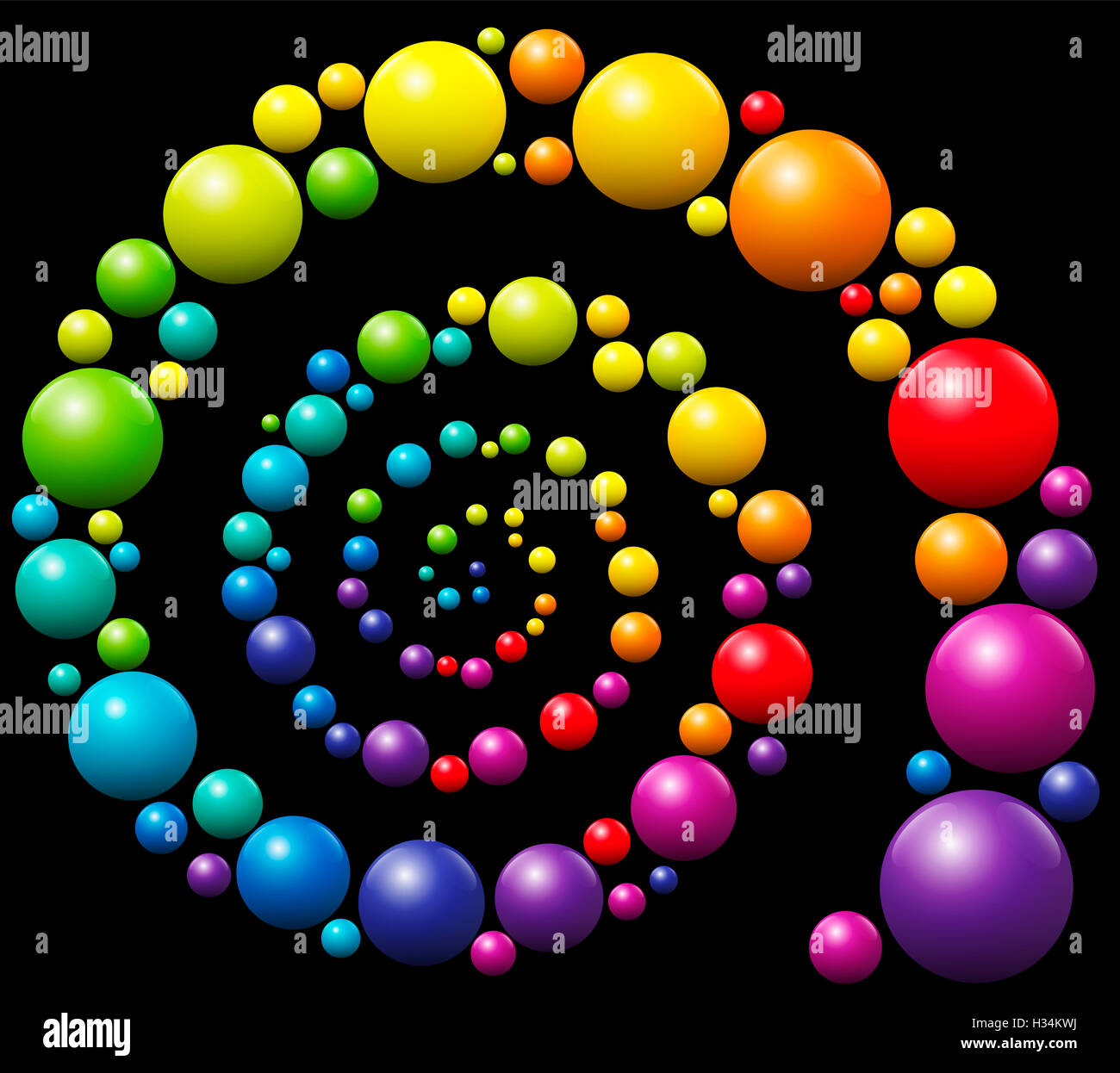 Colorful snail pattern spiral out of three-dimensional balls on black ...