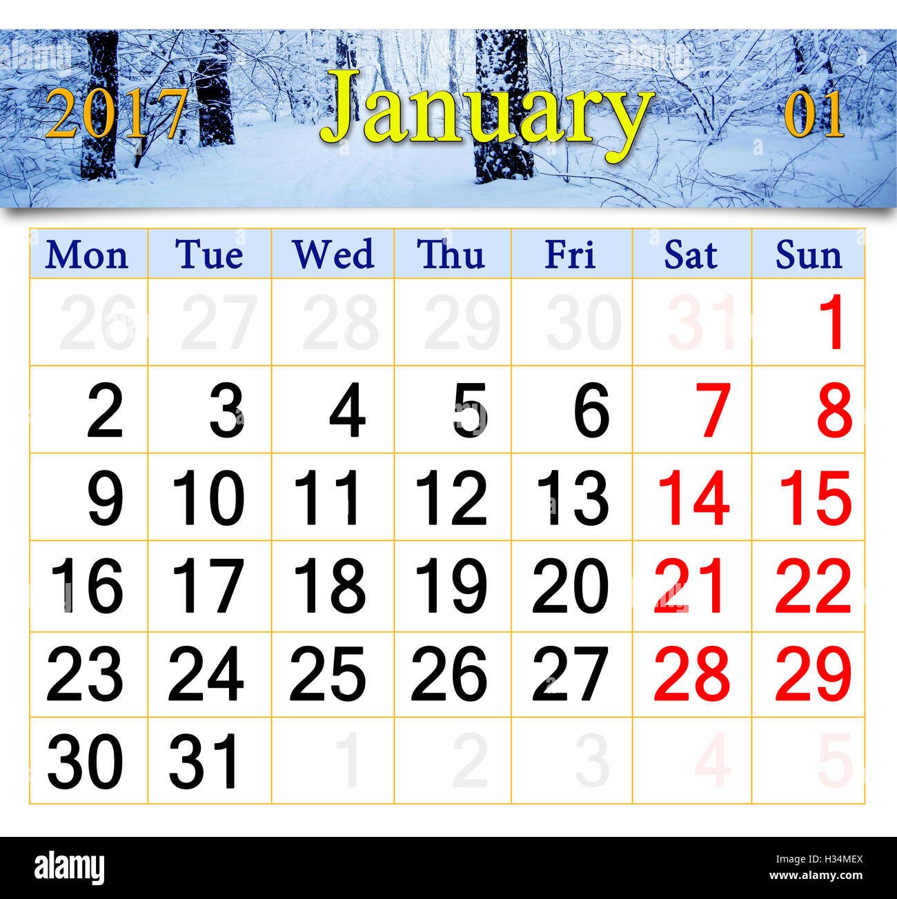 beautiful calendar for January 2017 with snowy birch grove Stock Photo ...