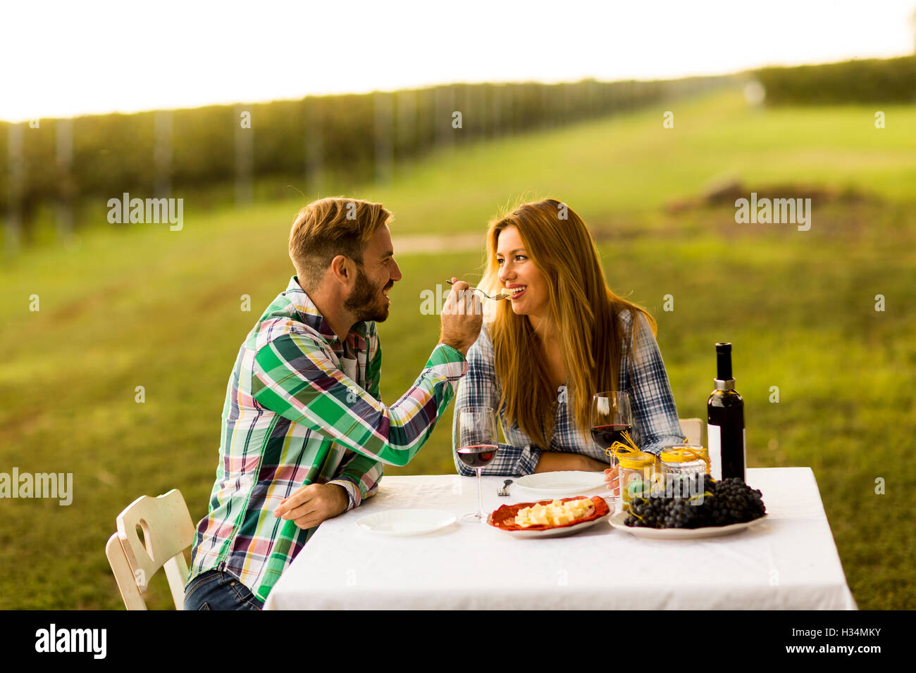 Young couple having dinner at vineyard countryside Stock Photo - Alamy