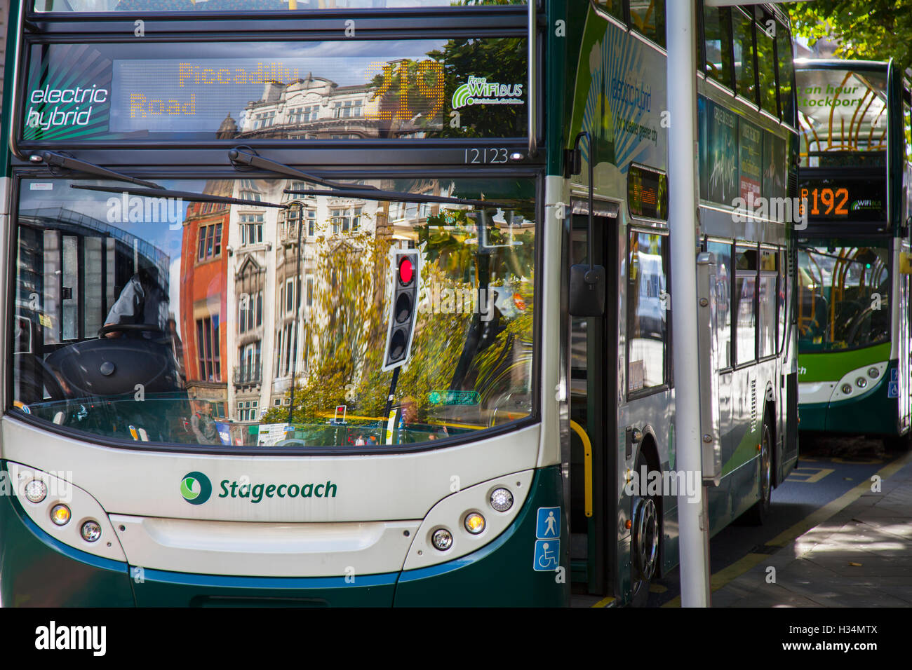 Electric Hybrid Stagecoach bus in traffic Piccadilly, Manchester, UK ...