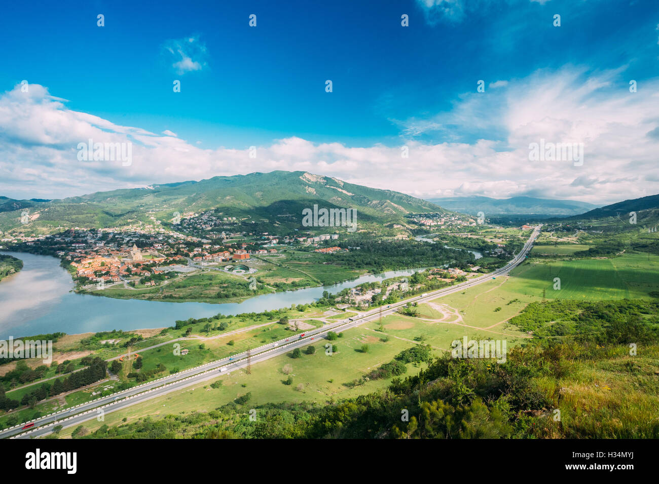Mtskheta Georgia. Aerial View Of Green Valley And Kura Mtkvari River ...