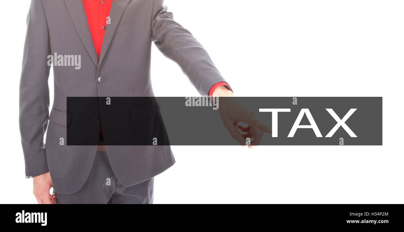 Young business man with tax sign isolated on white background Stock ...