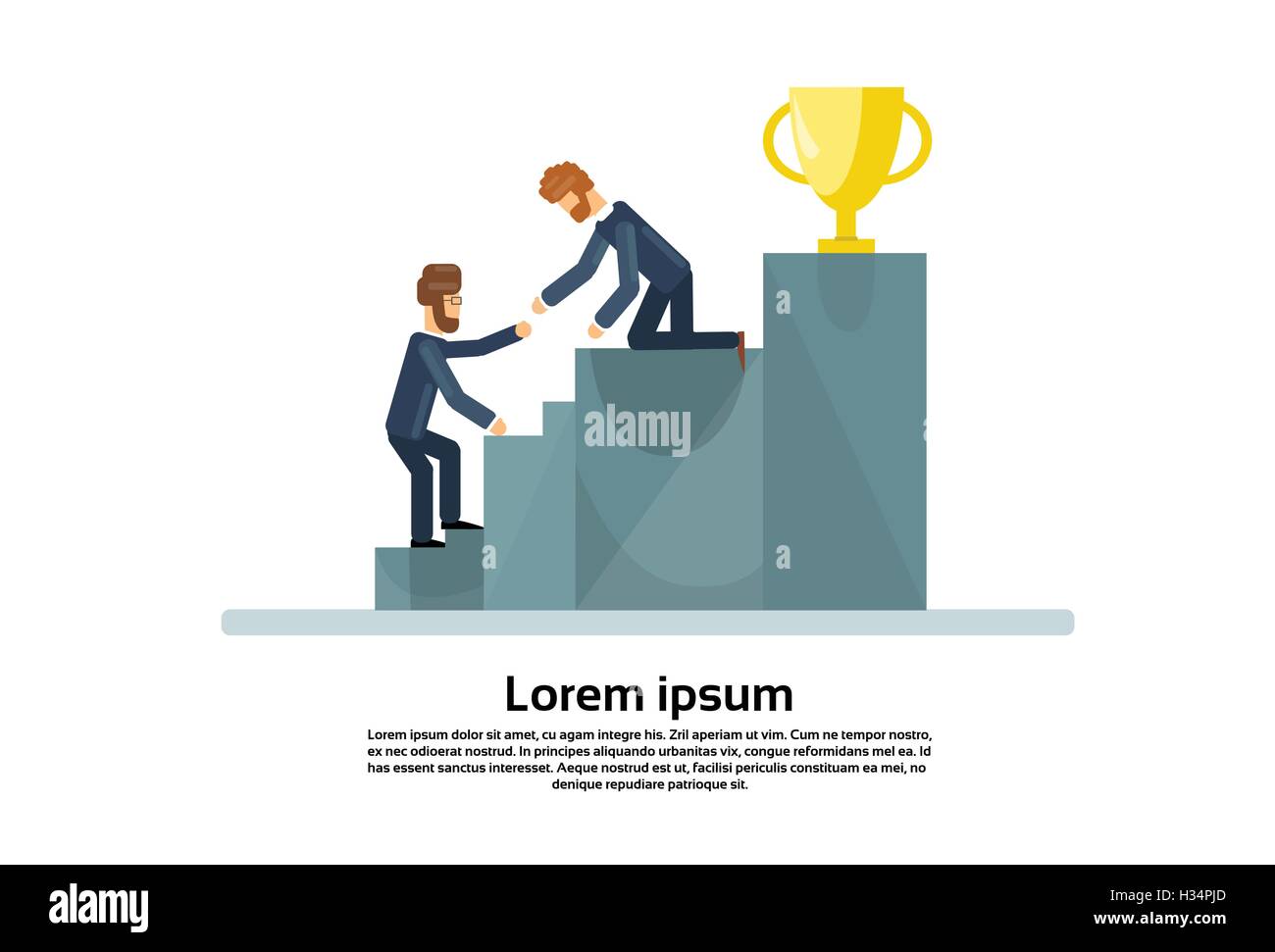 Two Business Man Climb Stairs Podium Golden Cup Successful Team ...