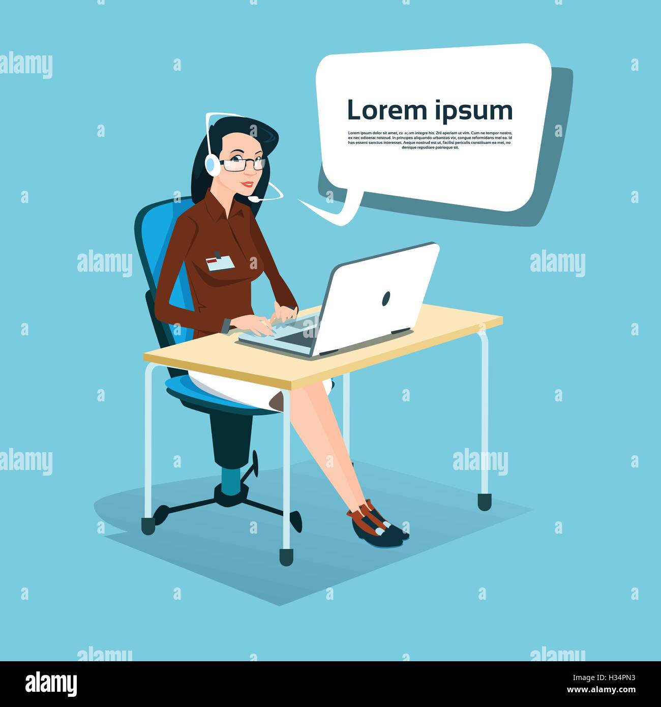 Business Woman Sitting Desk Office Working Laptop Computer Wear Headset ...