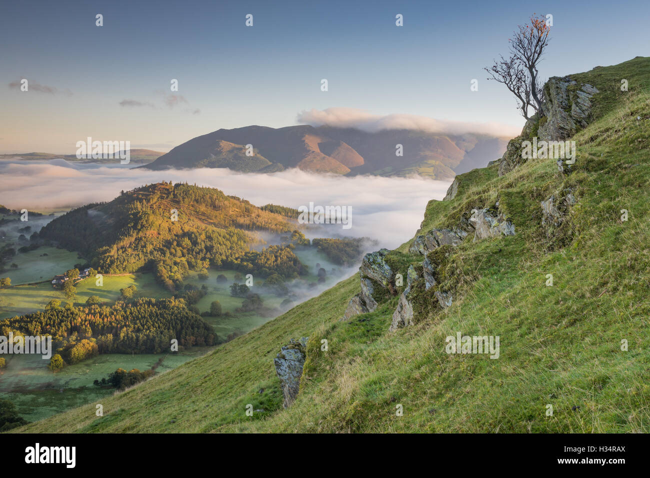 View to Swinside and Skiddaw over cloud from Skelwith Bank, Cat Bells ...