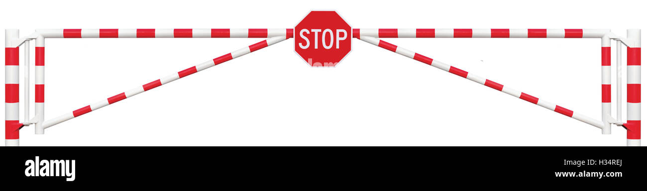 Gated Road Barrier Closeup, Octagonal Stop Sign, Roadway Gate Bar In ...