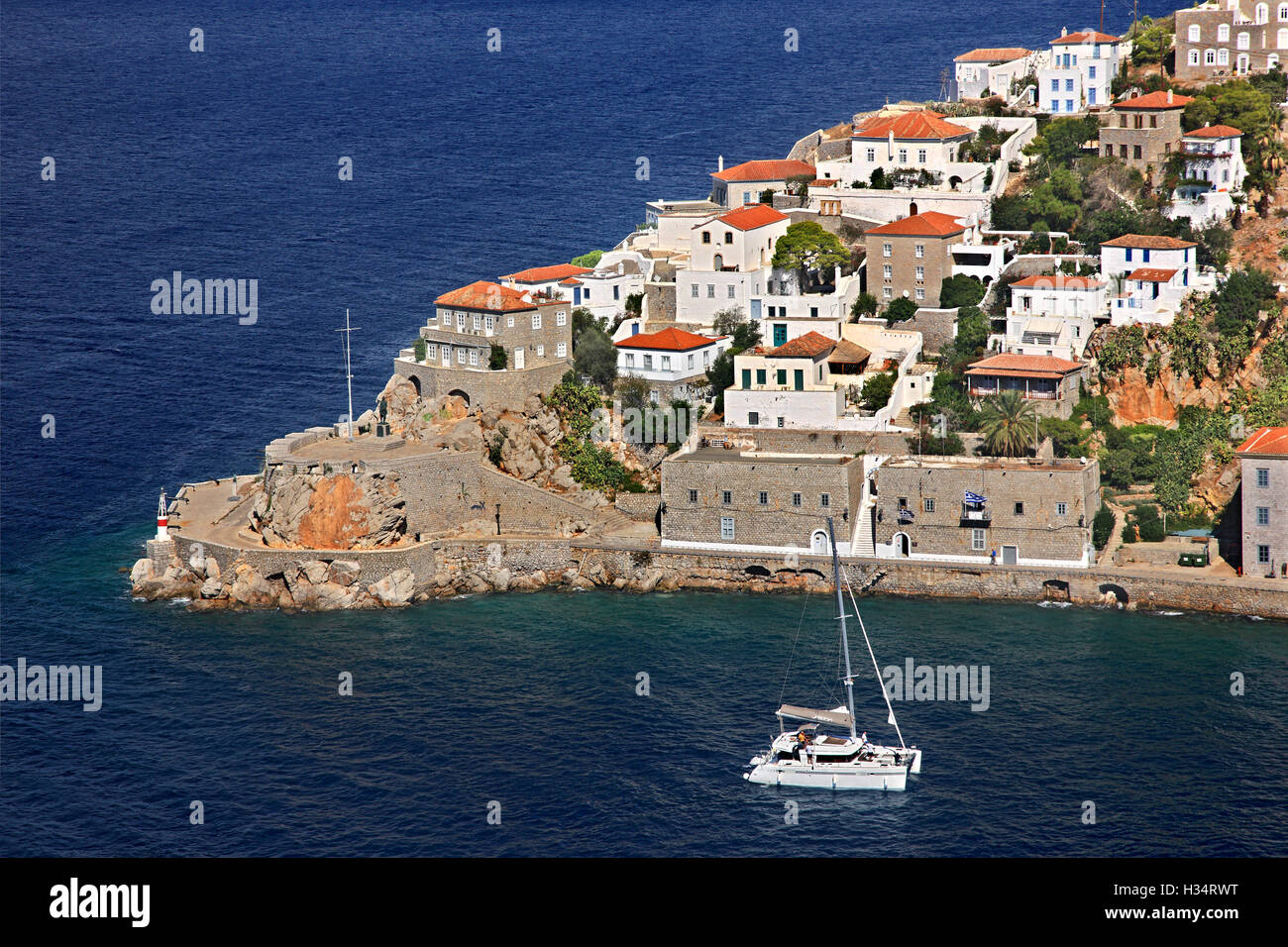 The entrance of the port of Hydra town, Hydra island, Attica, Greece ...