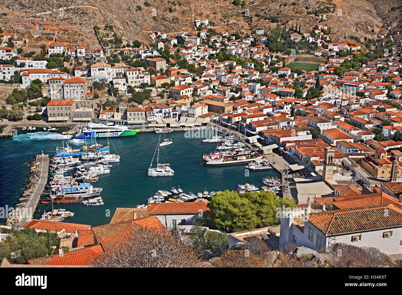 Panoramic view of the port of Hydra town, Hydra island, Attica, Greece ...