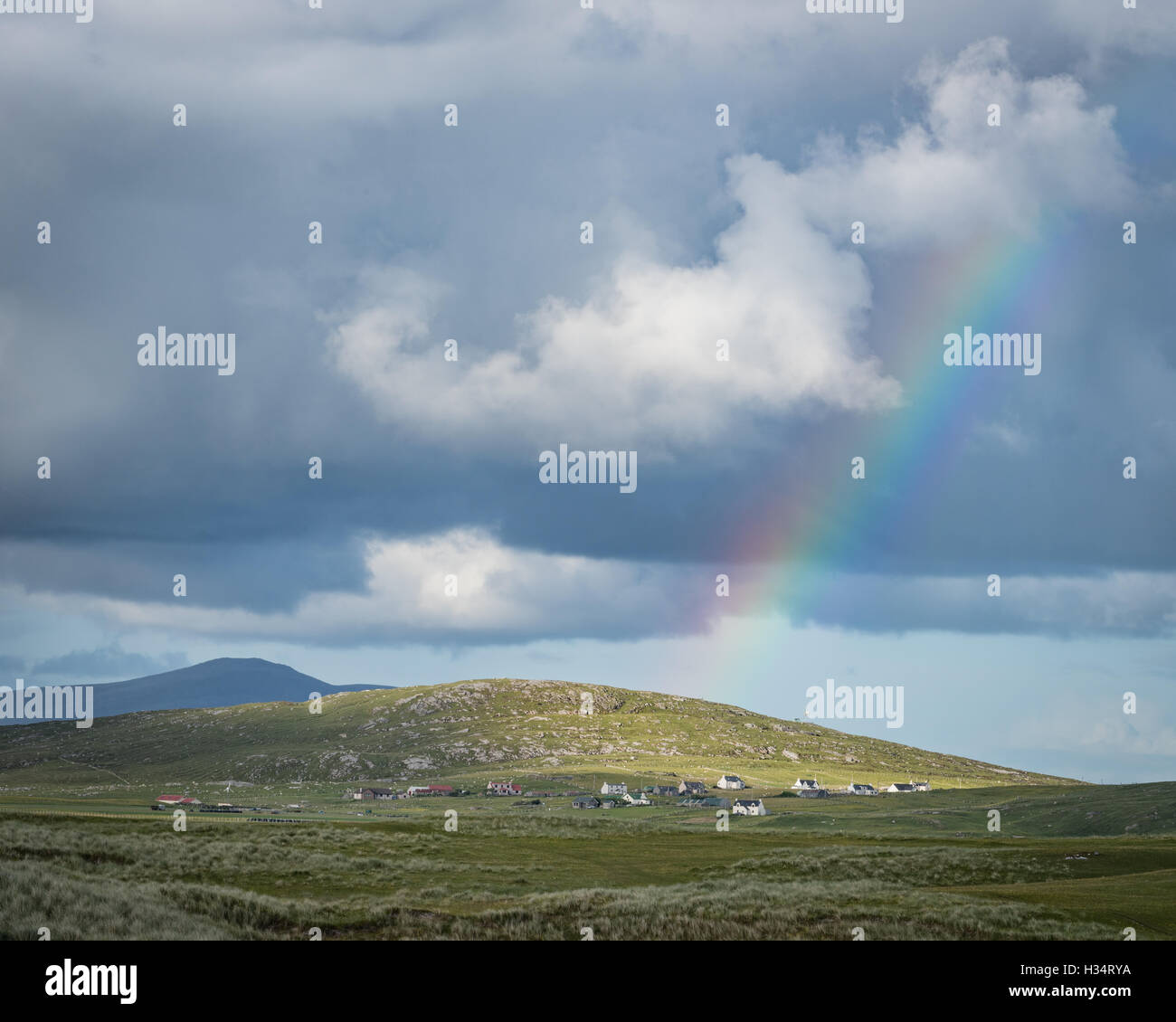 Rainbow over the settlement of Borve, Berneray, Outer Hebrides ...