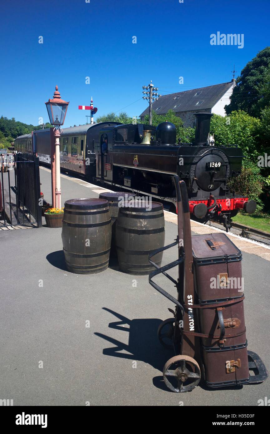 A steam train approaches Staverton Station on the South Devon Railway ...