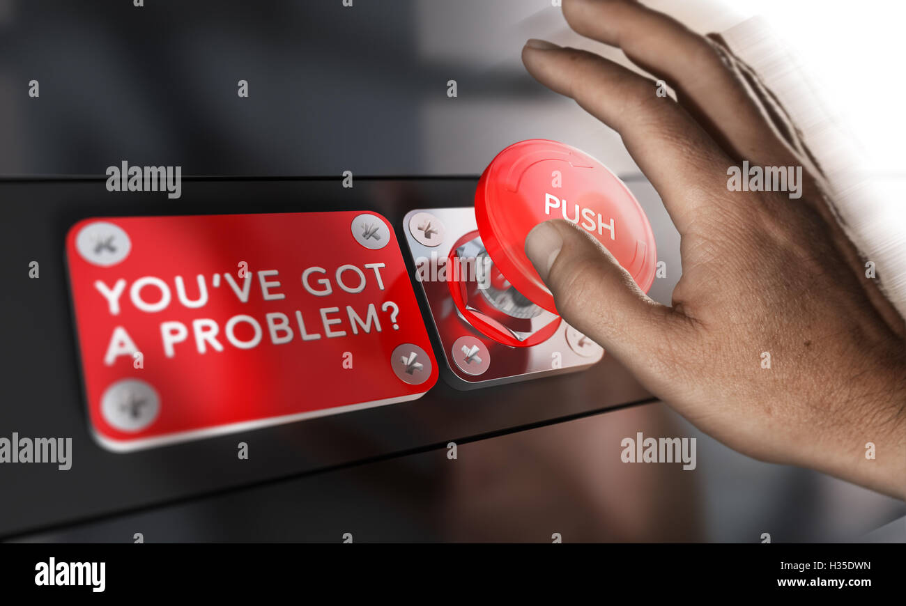 Man in trouble about to press a panic button to solve a problem ...