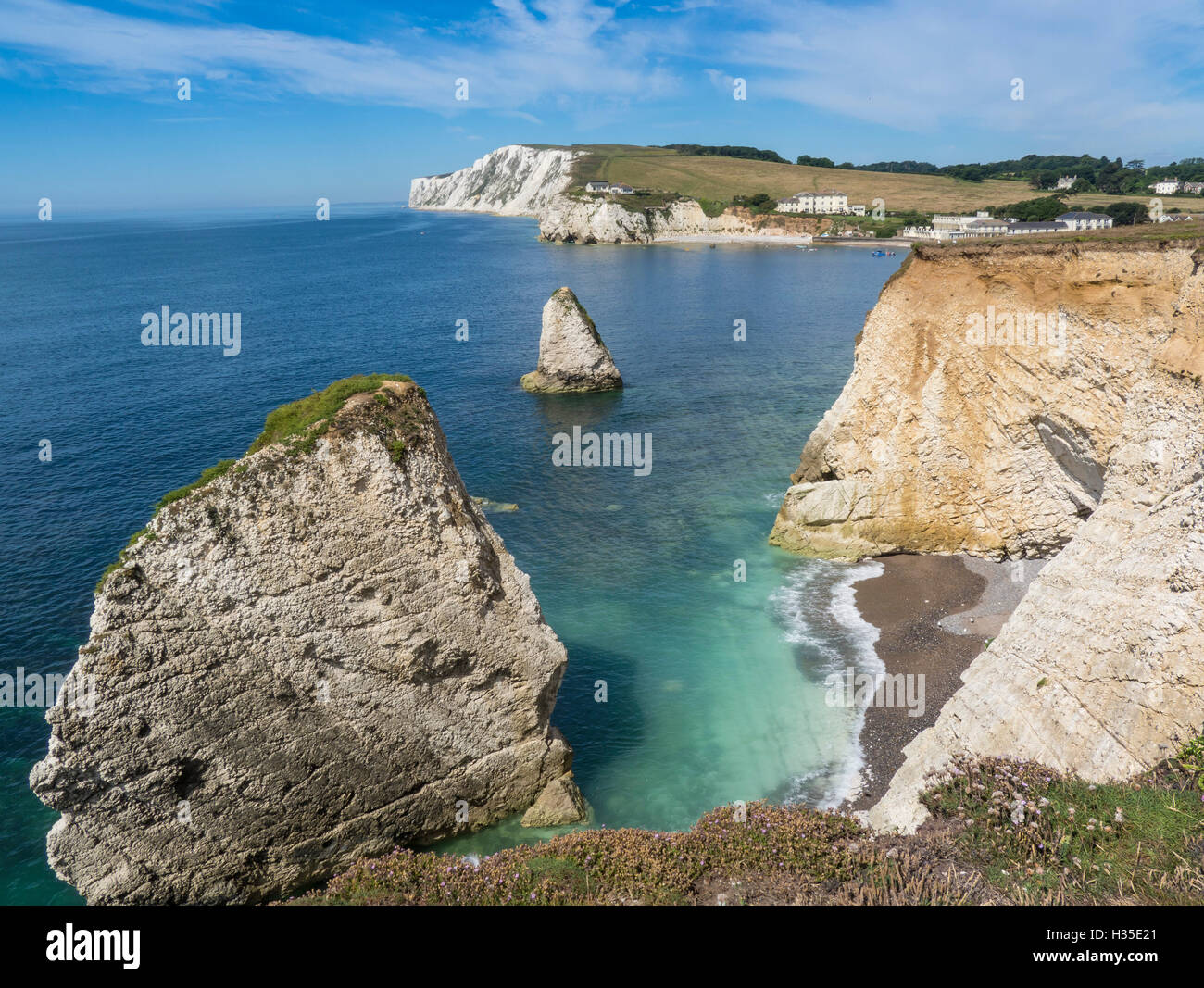 Freshwater Bay and chalk cliffs of Tennyson Down, Isle of Wight ...