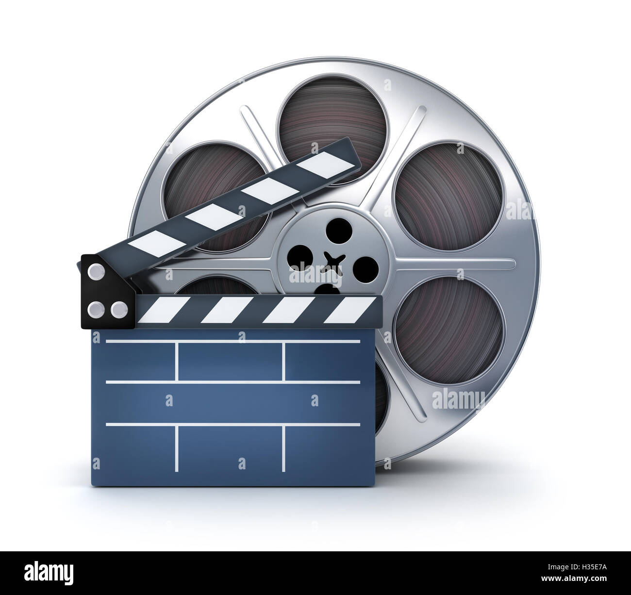 Clap-board and film spool on white background (done in 3d rendering ...