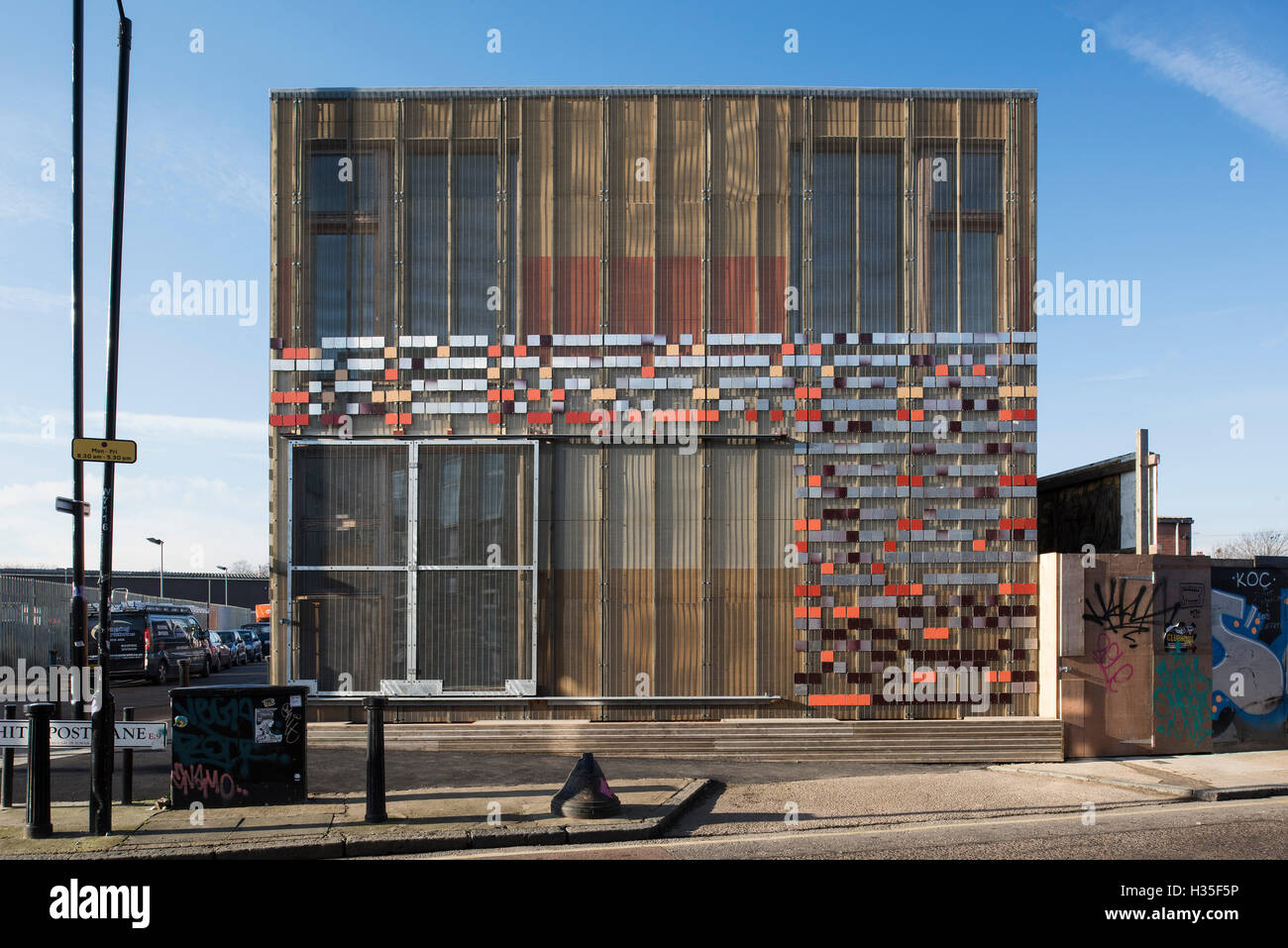 Exterior view of hub 67, a temporary community centre in Hackney Wick ...