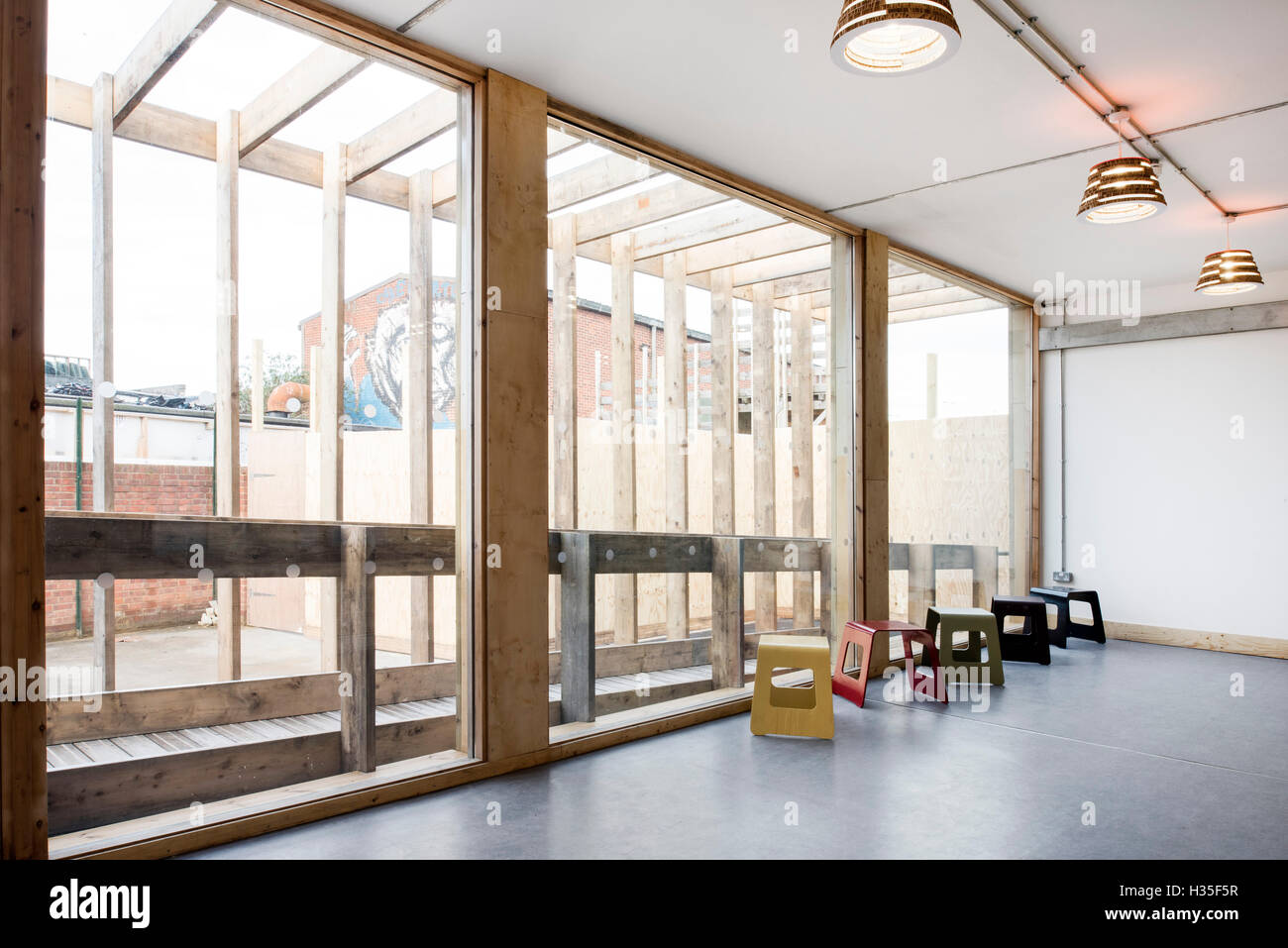 Interior view of hub 67, a temporary community centre in Hackney Wick ...