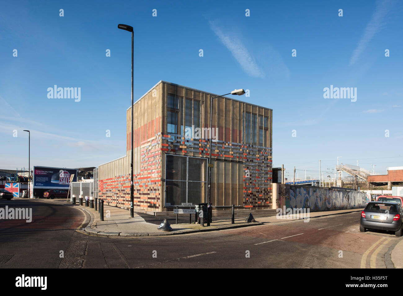Exterior view of hub 67, a temporary community centre in Hackney Wick ...