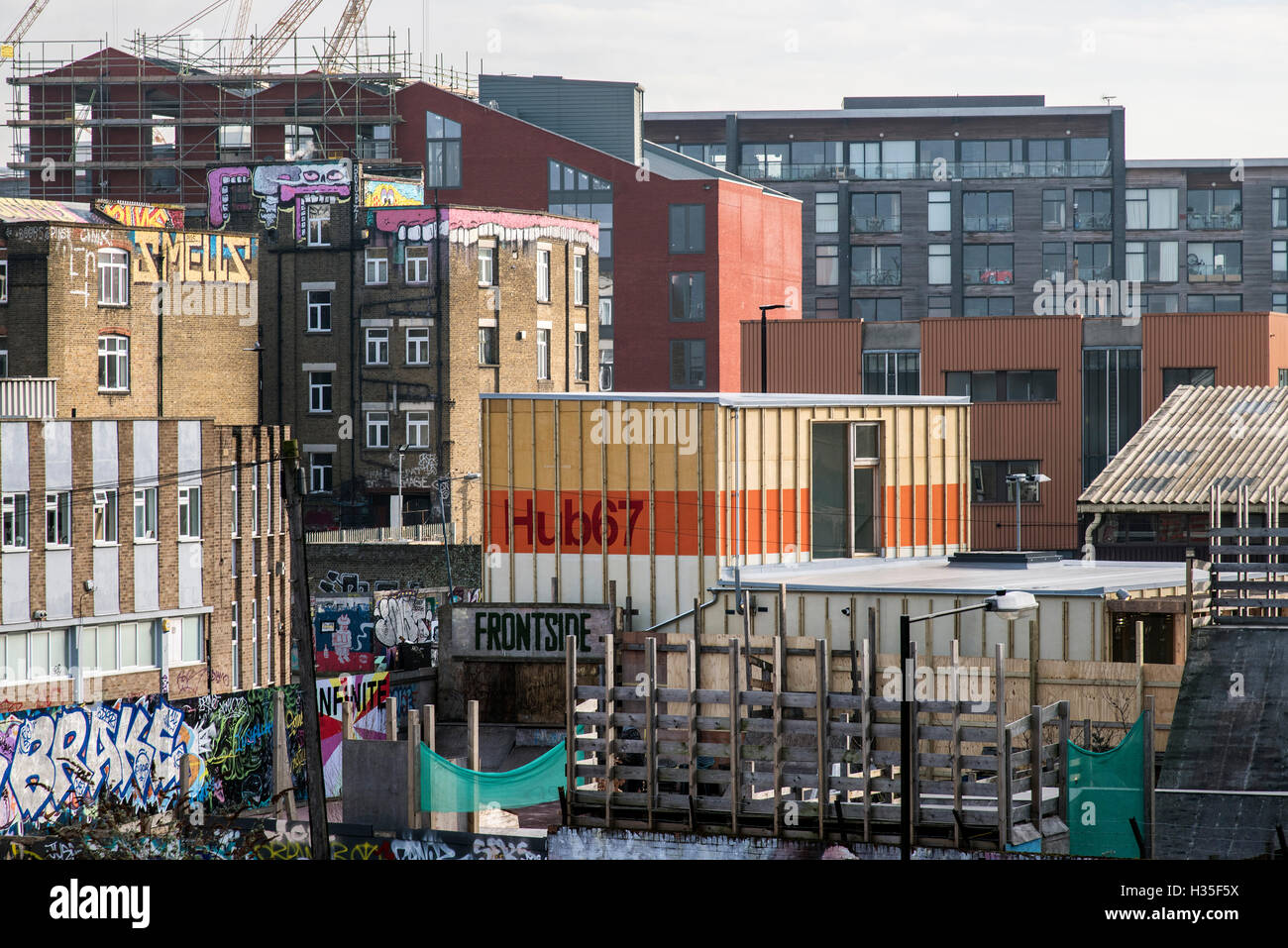 Exterior view of hub 67, a temporary community centre in Hackney Wick ...