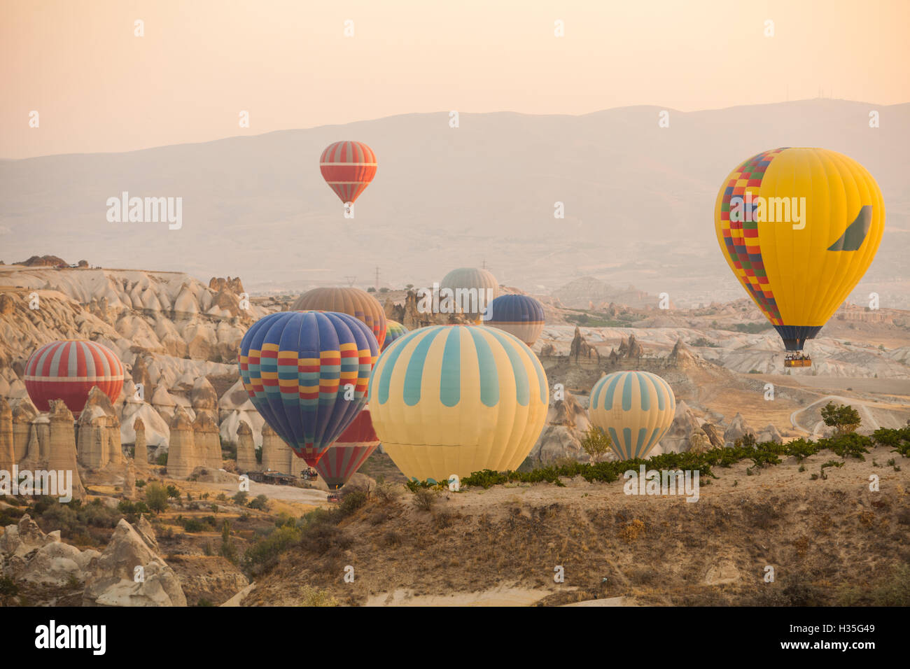 Color image of hot air balloons flying in Cappadocia, Turkey, at ...