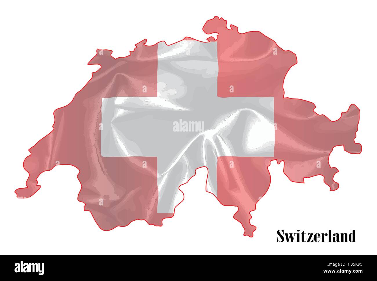 Outline map of Switzerland with silk flag over a white background Stock ...