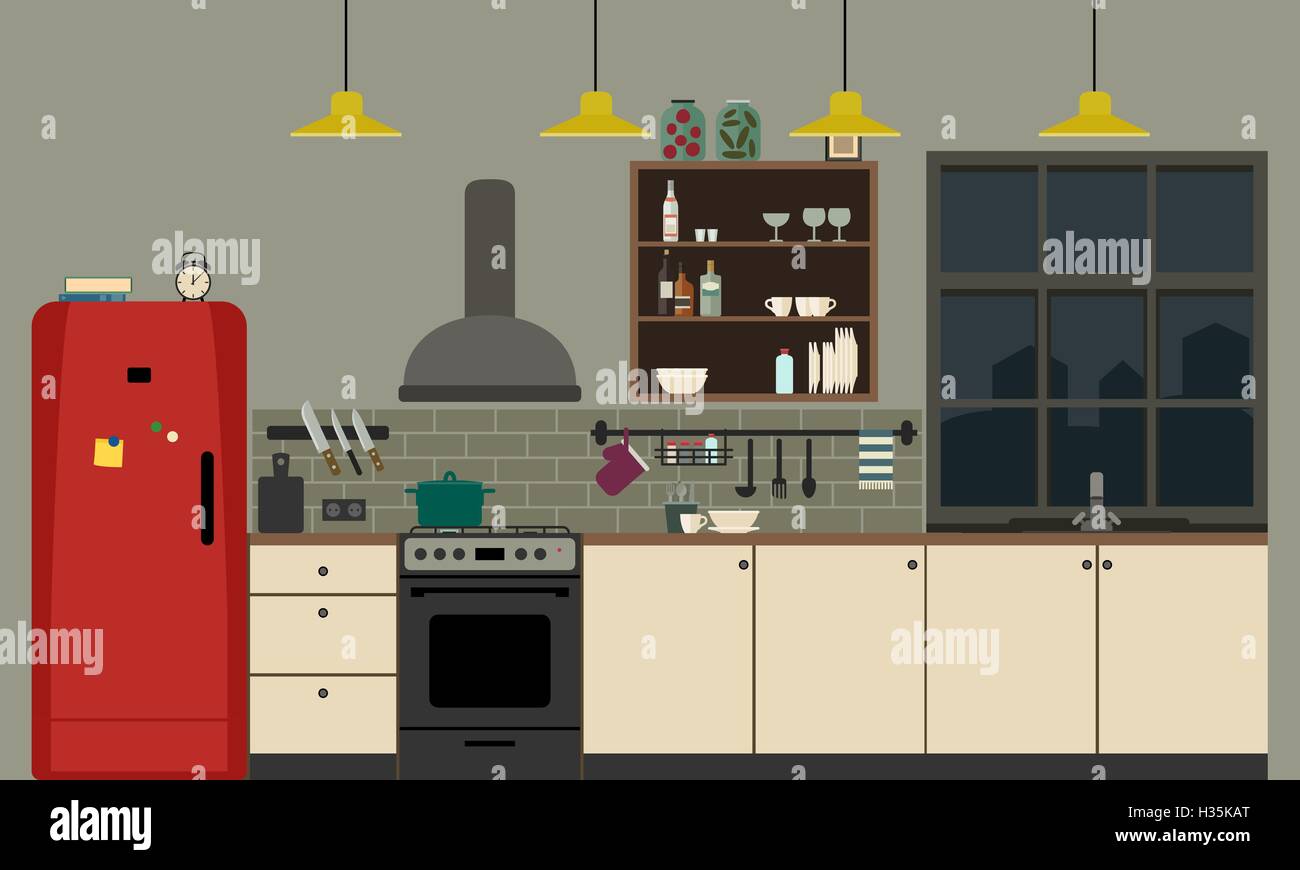 Kitchen interior in flat style Stock Vector Image & Art - Alamy
