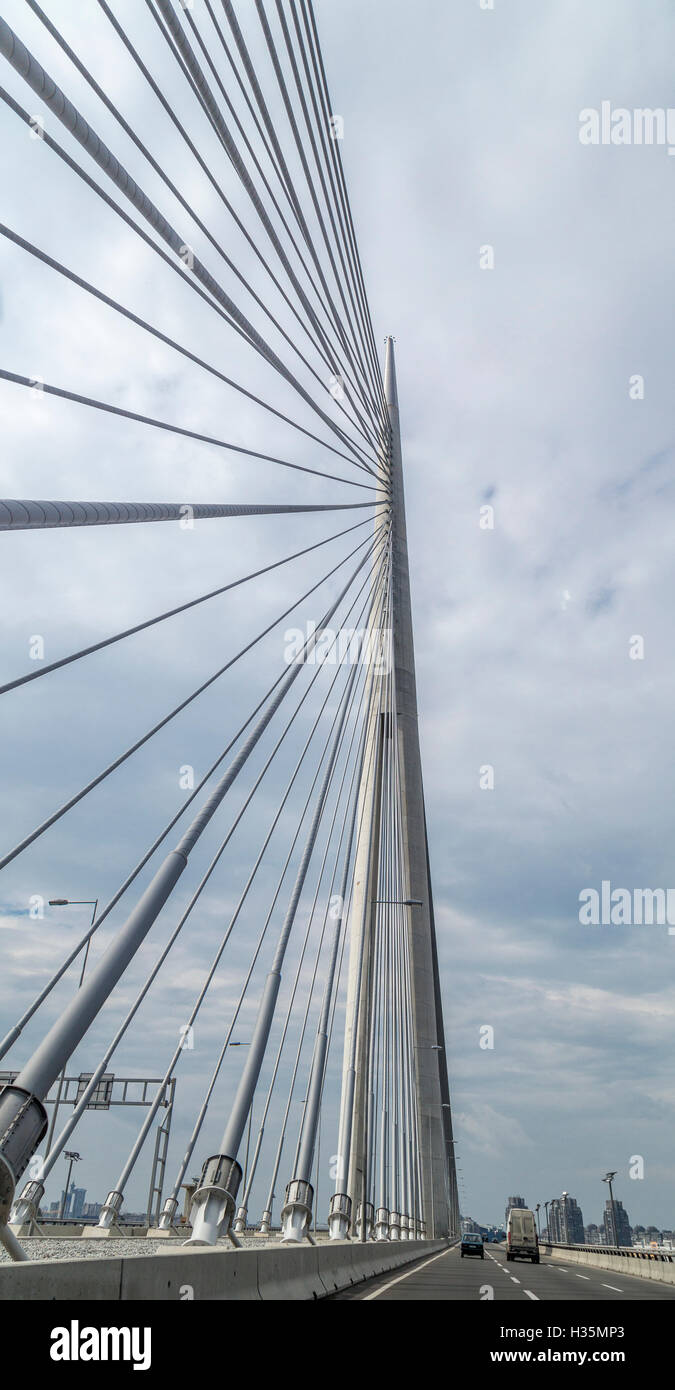 The cable-stayed Ada Bridge, across the Sava River in Belgrade, by the ...