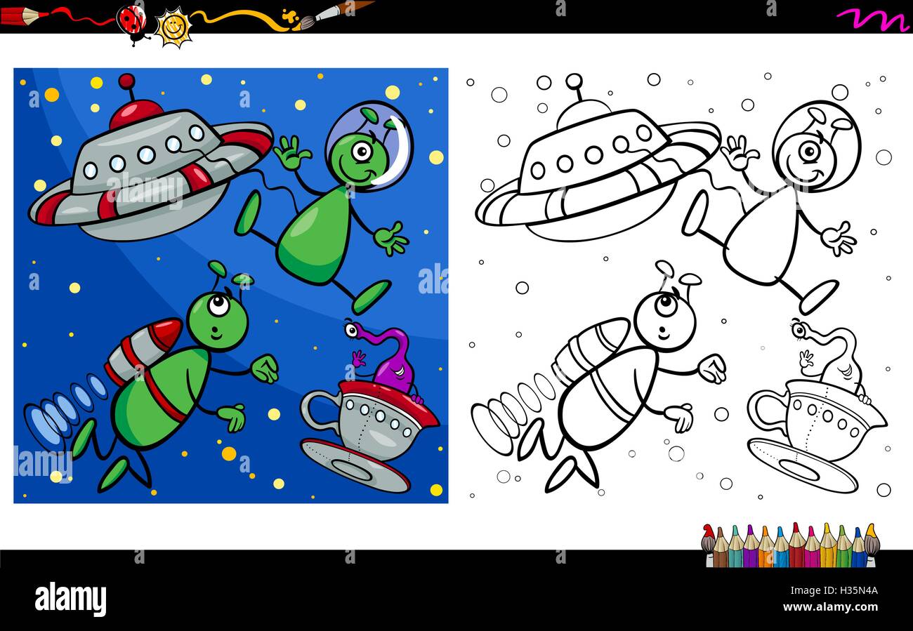 Cartoon Illustration of Alien Fantasy Characters Coloring Book Activity ...