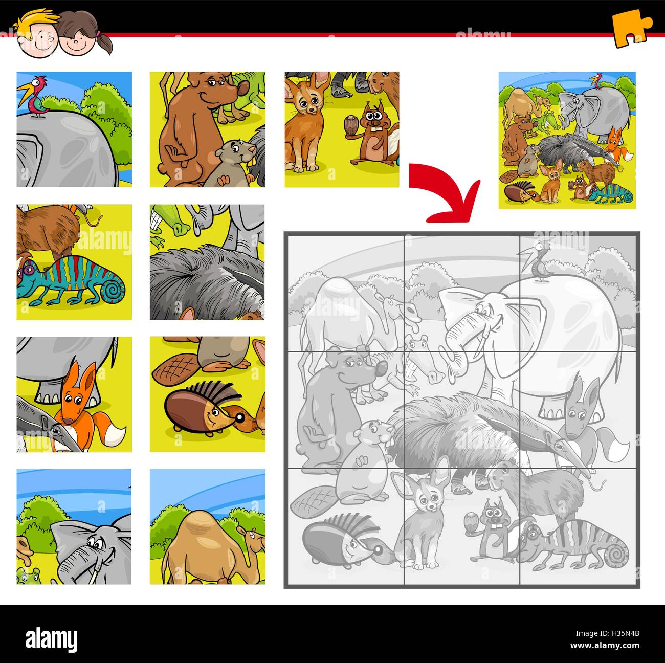 Cartoon Illustration of Education Jigsaw Puzzle Activity for Preschool ...