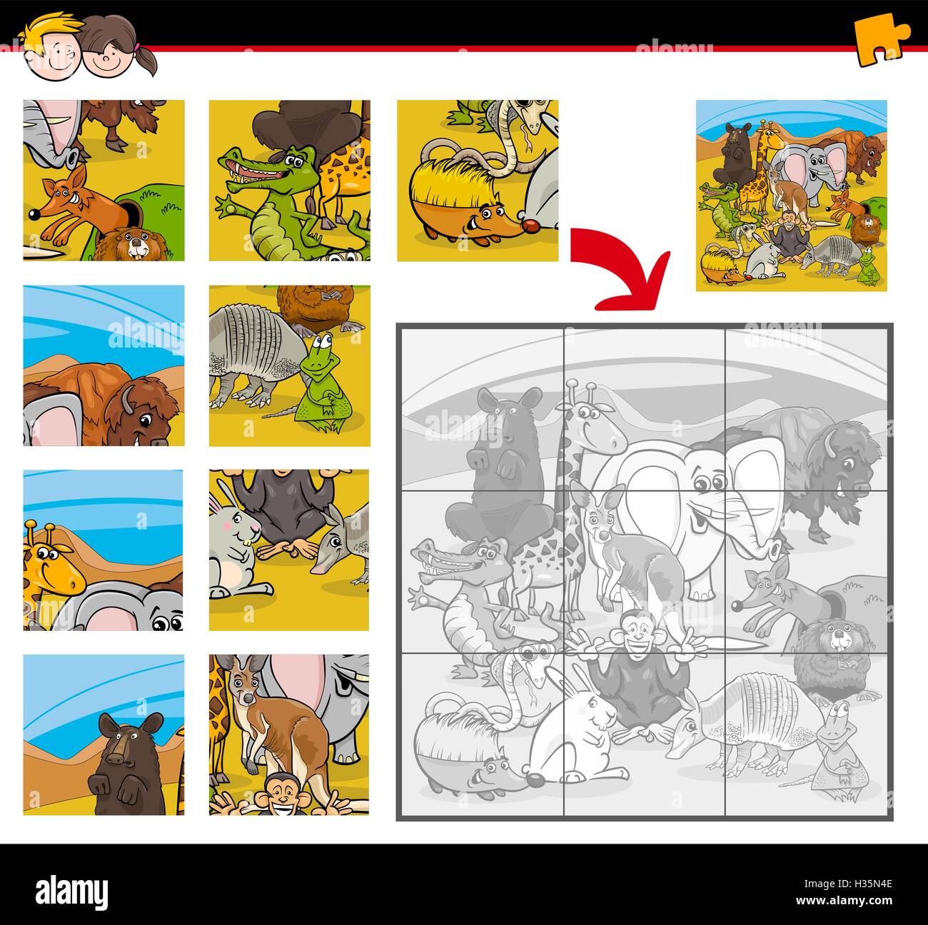 Cartoon Illustration of Education Jigsaw Puzzle Activity for Preschool ...