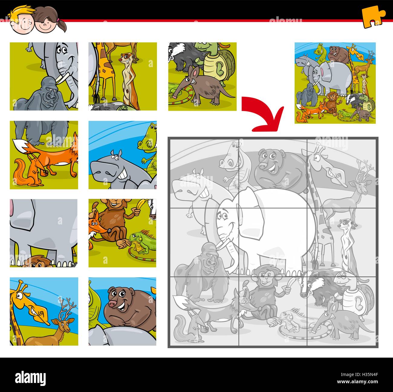 Cartoon Illustration of Education Jigsaw Puzzle Activity for Children ...