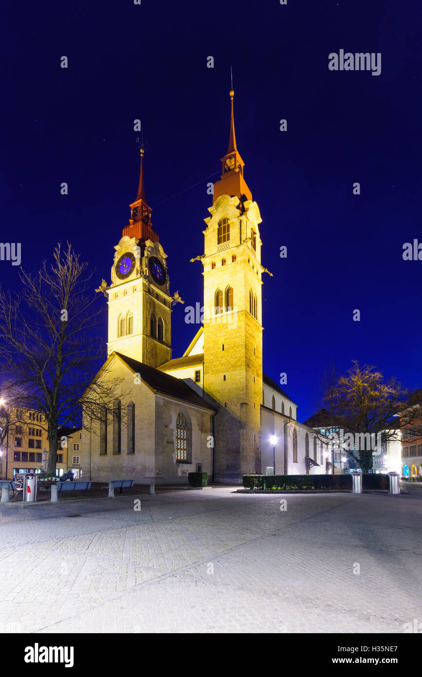 Night view of the Twin-towered town church in Winterthur, Switzerland ...