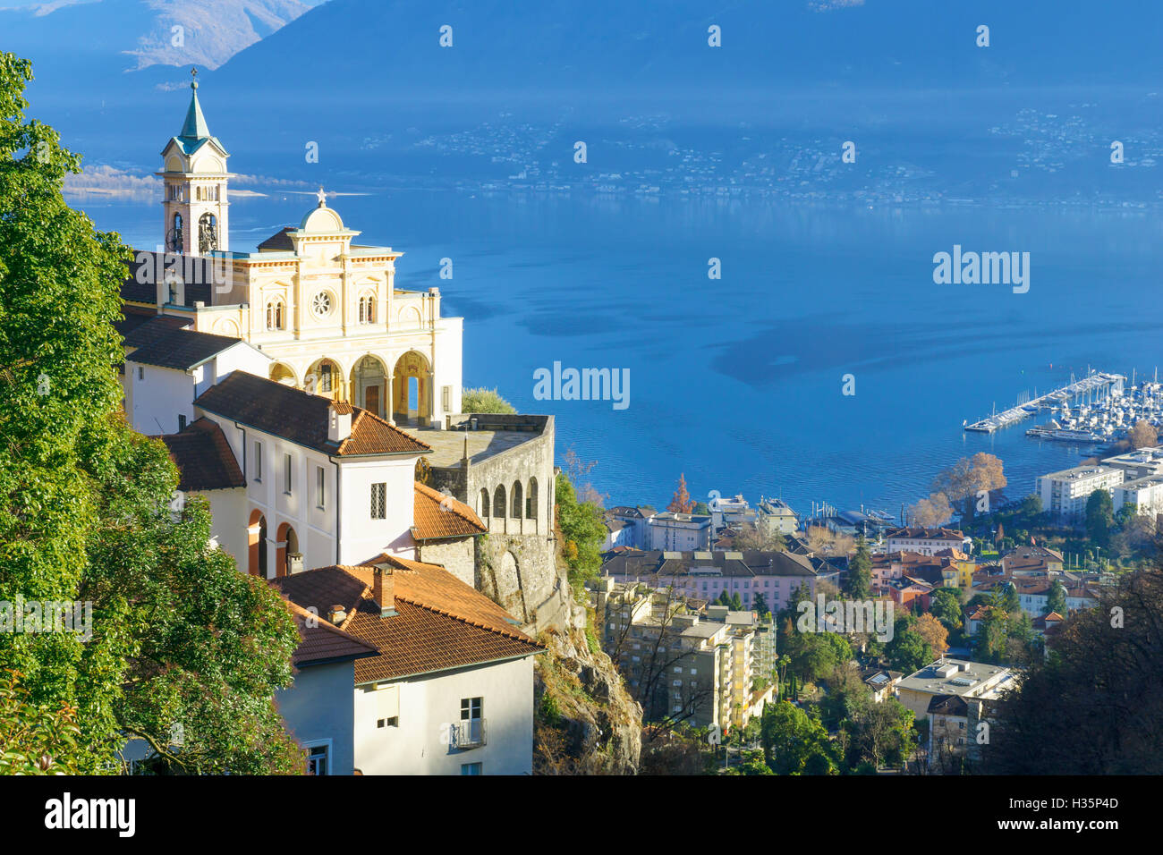 View of the Madonna del Sasso church, with Lake Maggiore in the ...