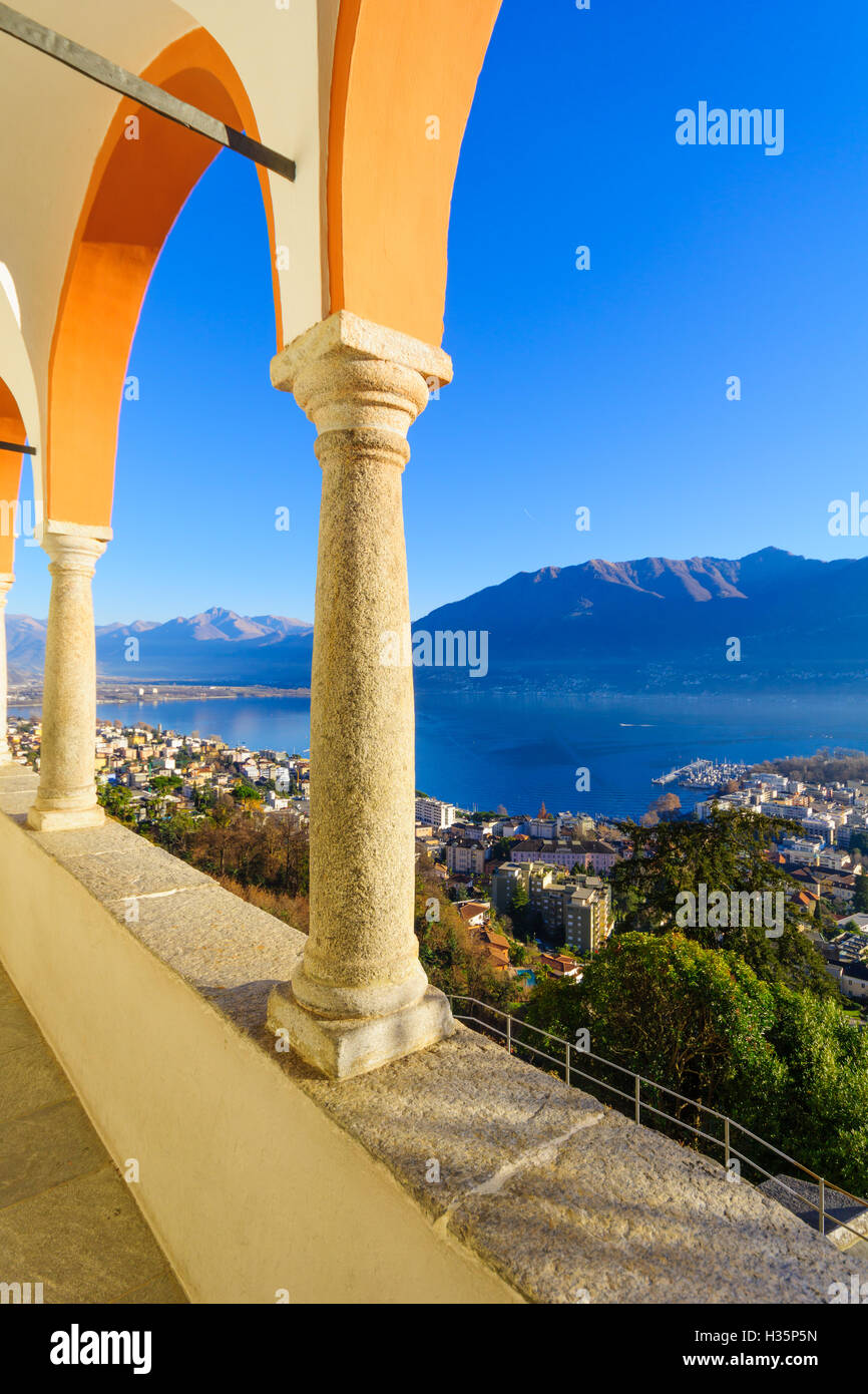 View of the Locarno and Lake Maggiore from the Madonna del Sasso church ...