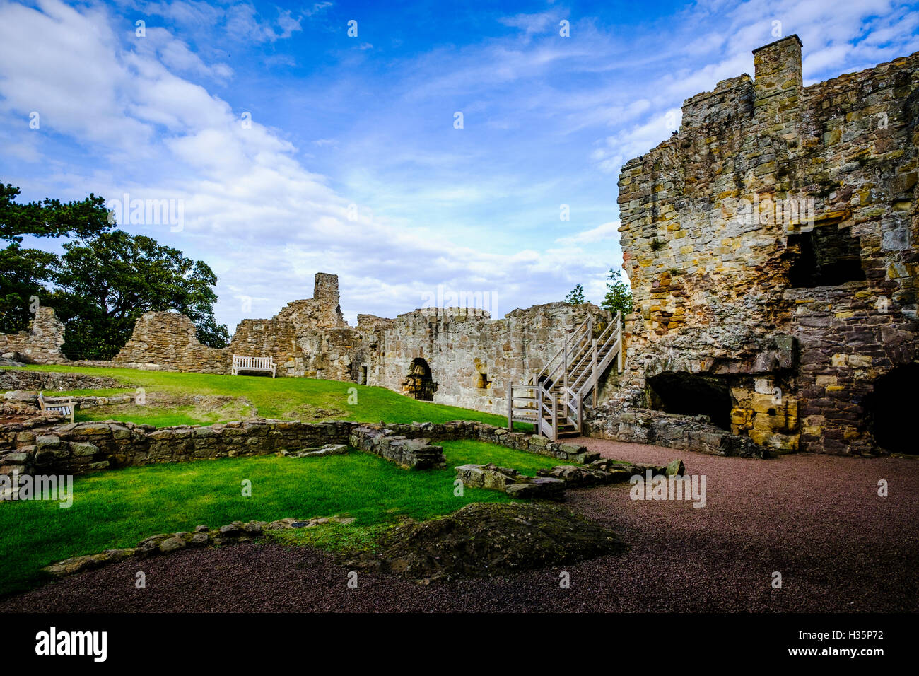 Dirleton Castle, a ruined medieval fortress in the village of Dirleton ...