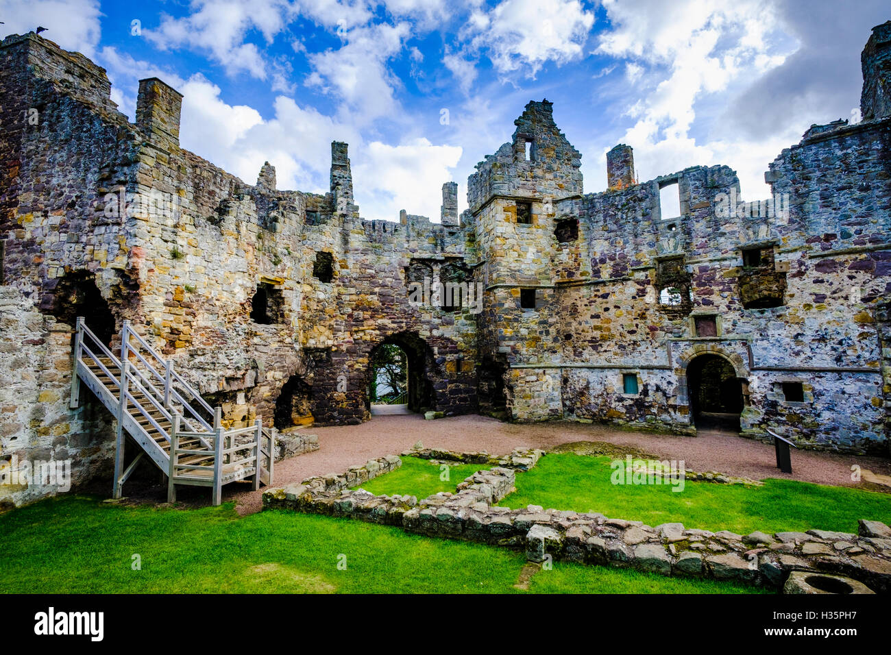 Dirleton Castle, a ruined medieval fortress in the village of Dirleton ...
