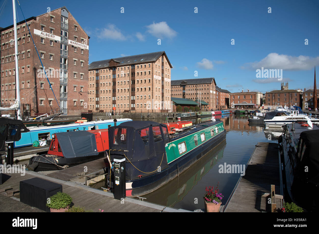 Gloucester Docks Gloucestershire England UK. Narrowboats berthed with a ...
