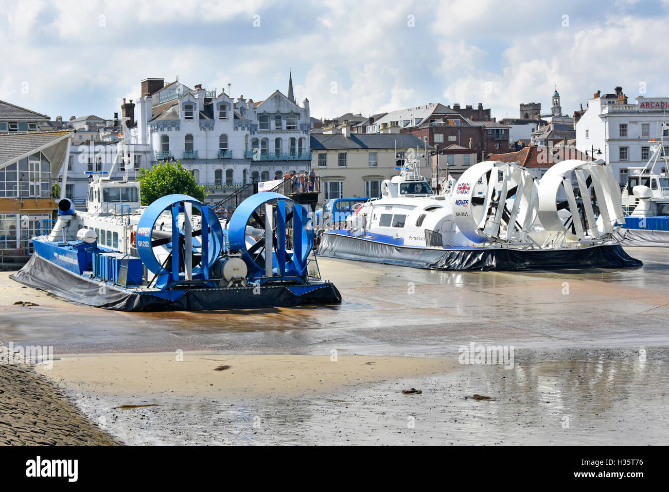 Two hovercraft parked Ryde town centre beach terminal of Hovertravel ...