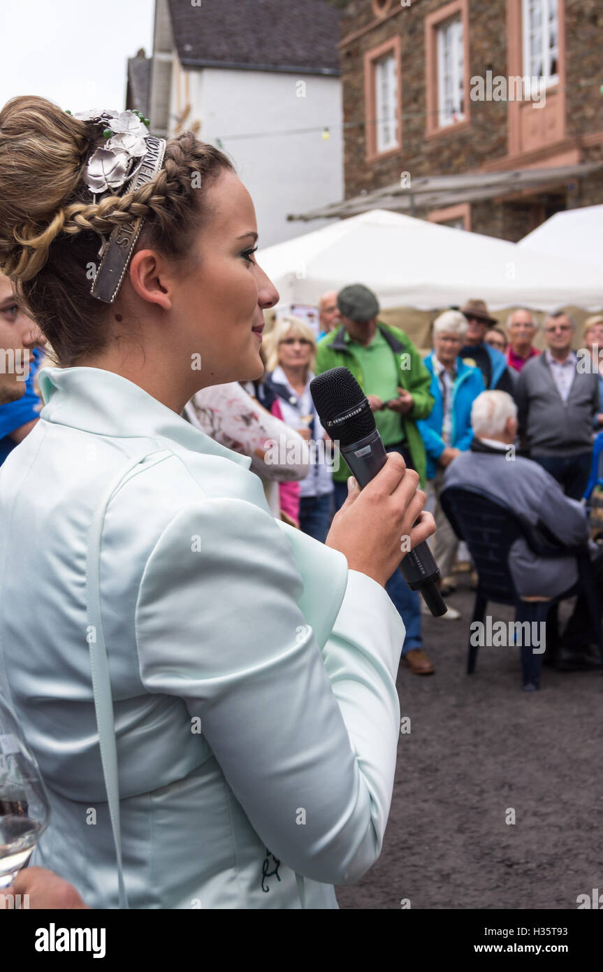 Wine queen (weinkönigin) speaking at the opening of Wolf street wine ...
