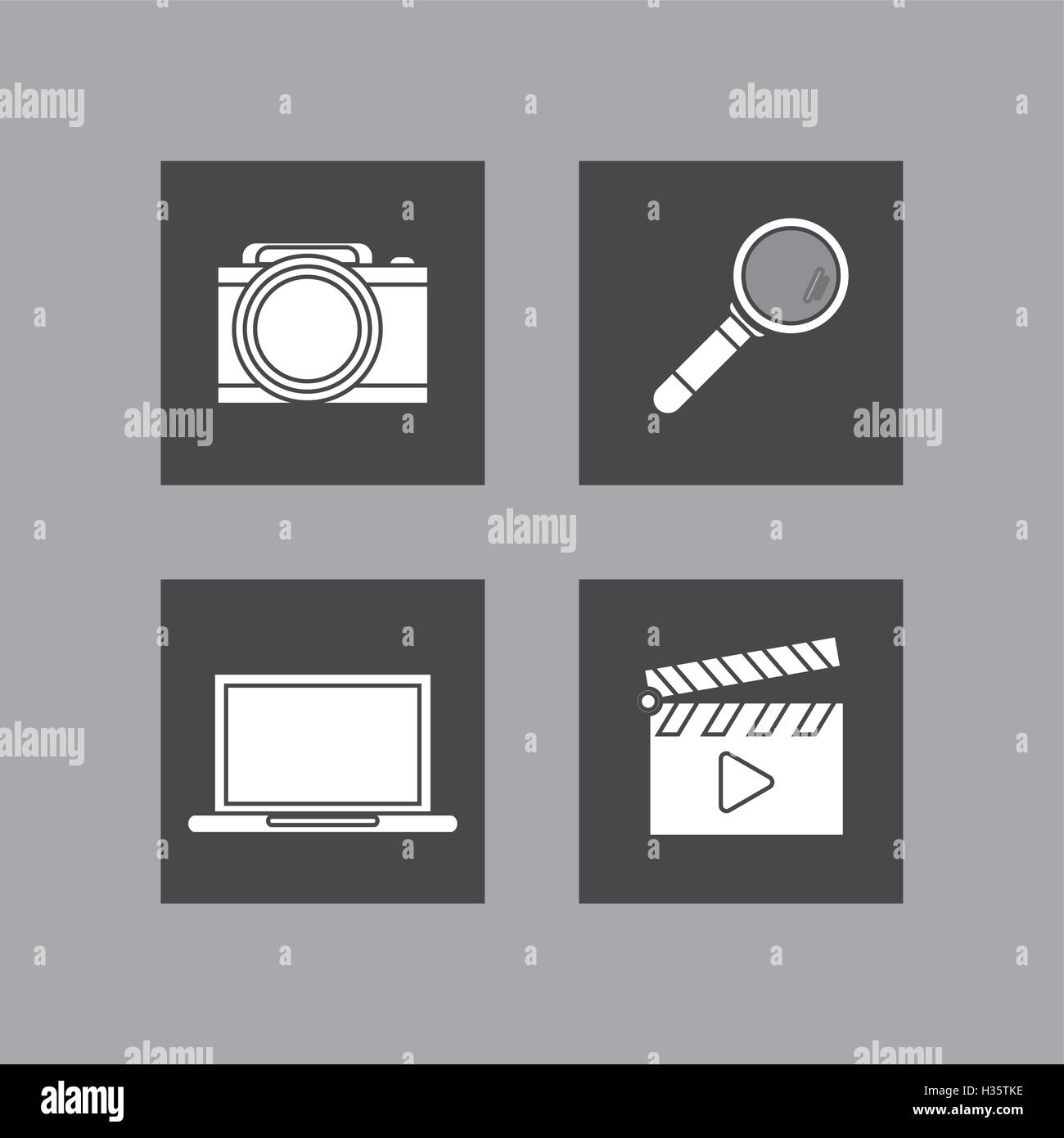 computer with magnifying glass camera and video player icons ima Stock ...