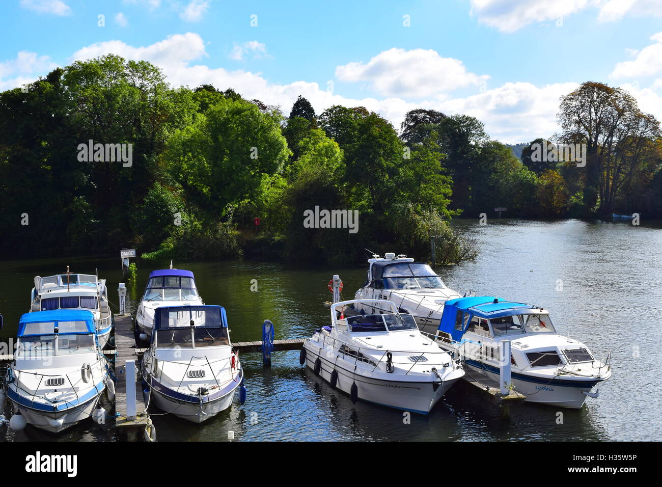 Power boat yachts berthed at marina on River Thames at Cookham in ...