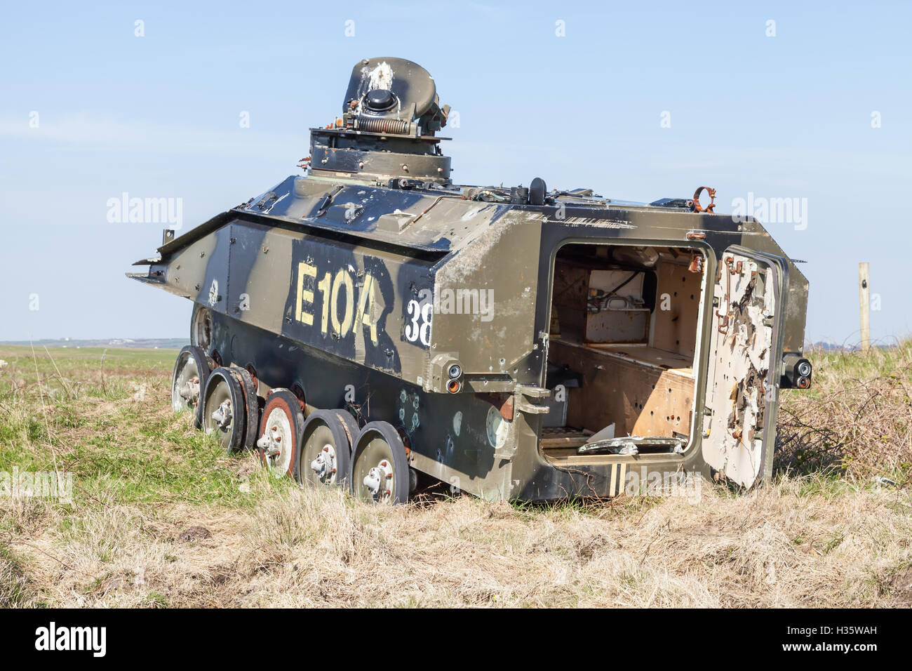 Old armored vehicle used for target practice on the Castlemartin Range ...