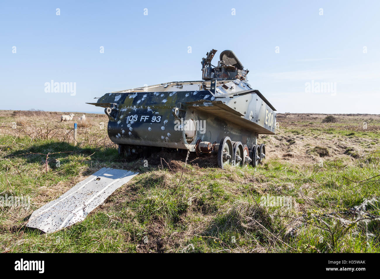 Old armored vehicle used for target practice on the Castlemartin Range ...