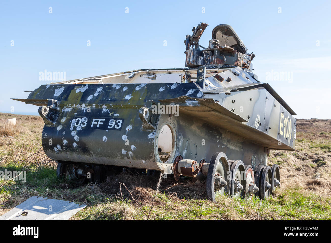 Old armored vehicle used for target practice on the Castlemartin Range ...