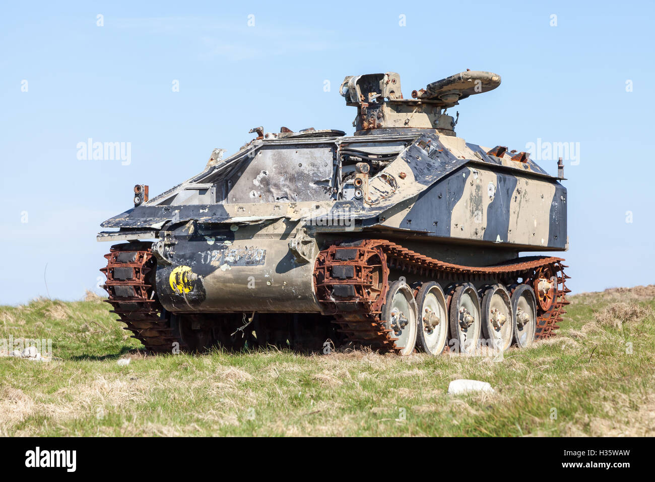 Old armored vehicle used for target practice on the Castlemartin Range ...