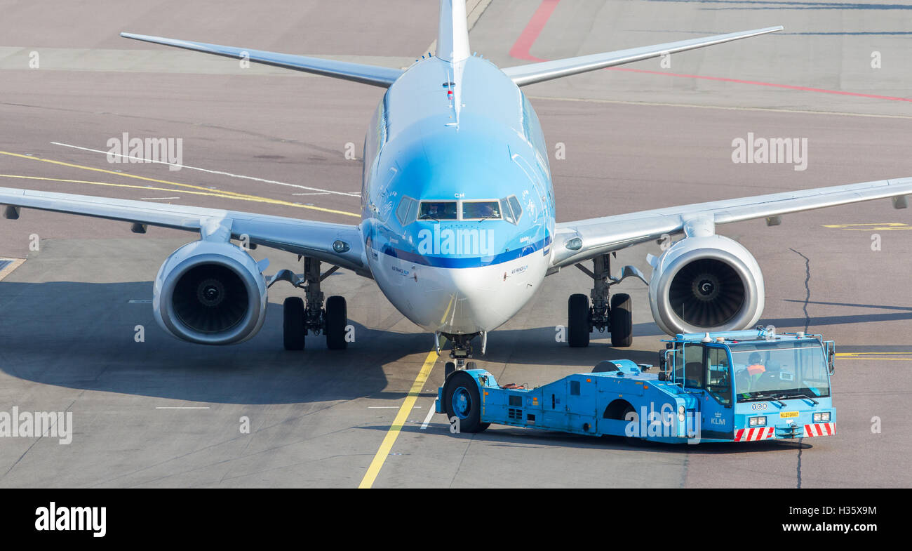 SCHIPHOL, AMSTERDAM, JULY 19, 2016: Front view of a KLM plane at ...