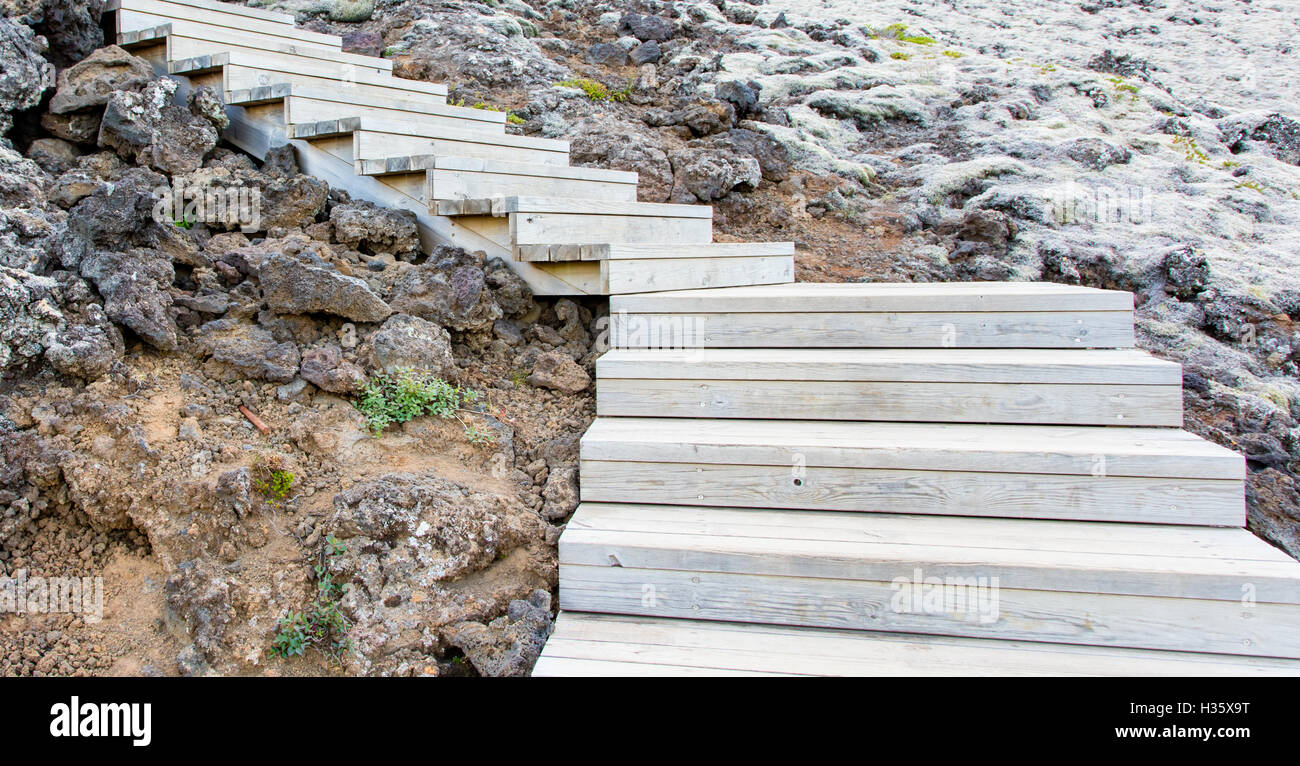 Trail in Iceland, wooden steps on an ancient volcano Stock Photo - Alamy