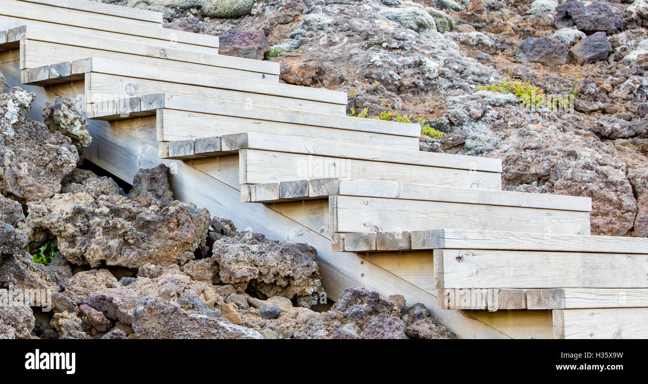 Trail in Iceland, wooden steps on an ancient volcano Stock Photo - Alamy
