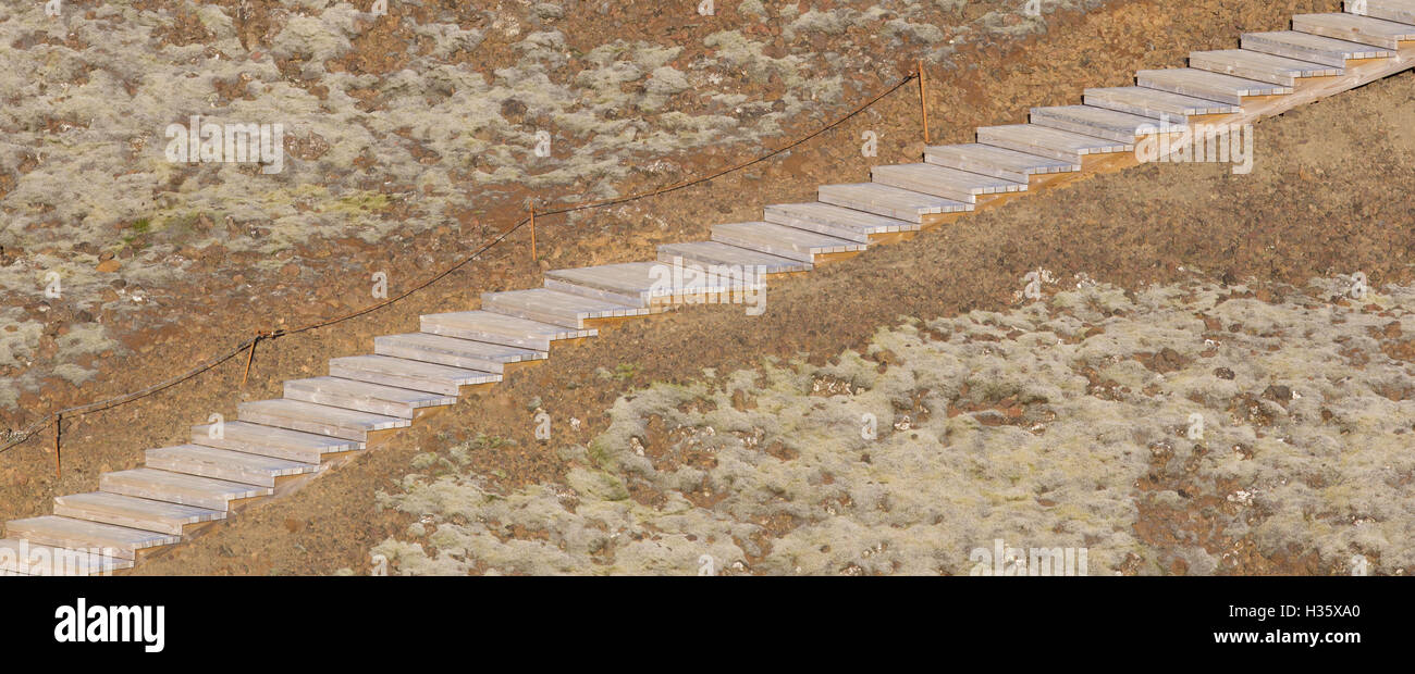 Trail in Iceland, wooden steps on an ancient volcano Stock Photo - Alamy